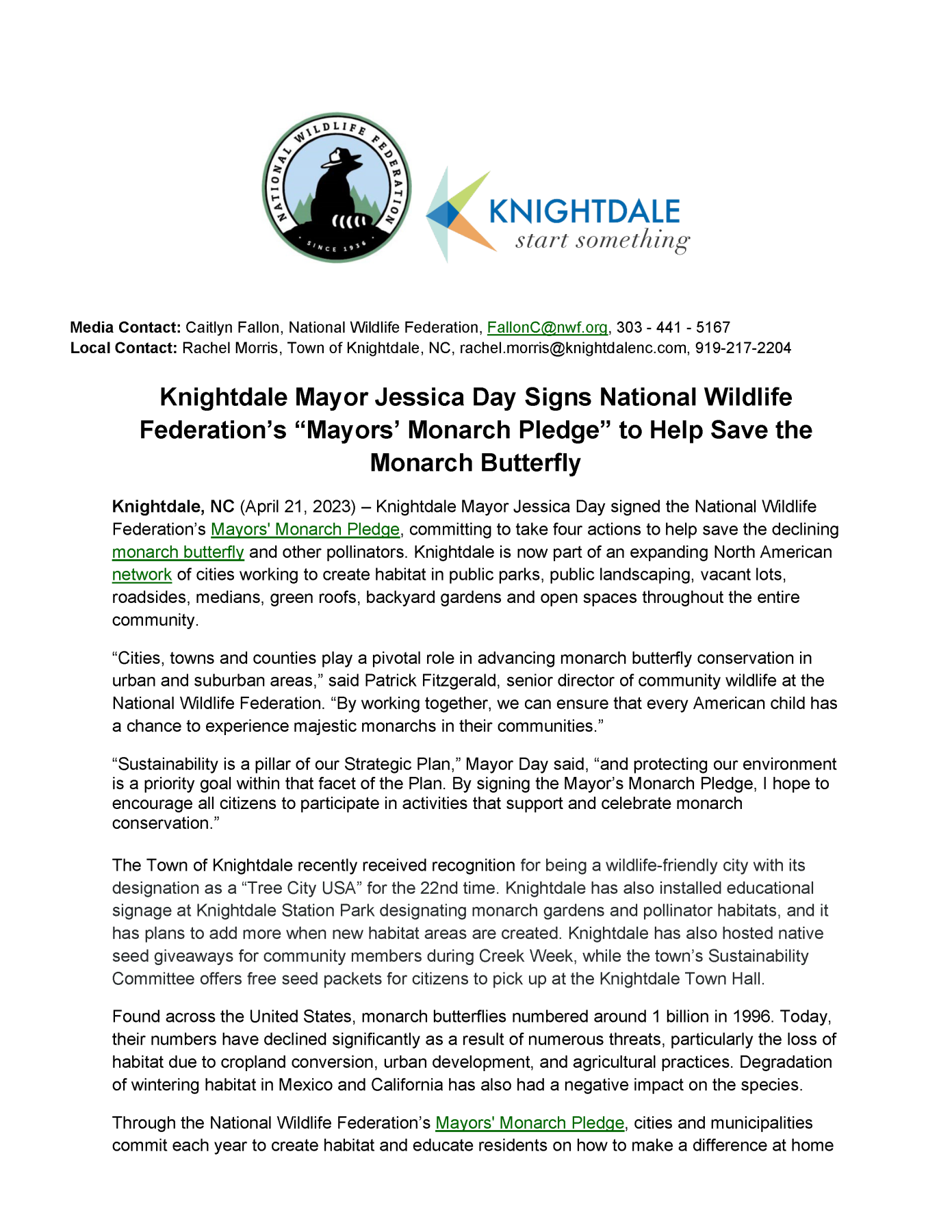 Mayor Day Signs the Mayor's Monarch Pledge | Town of Knightdale, NC